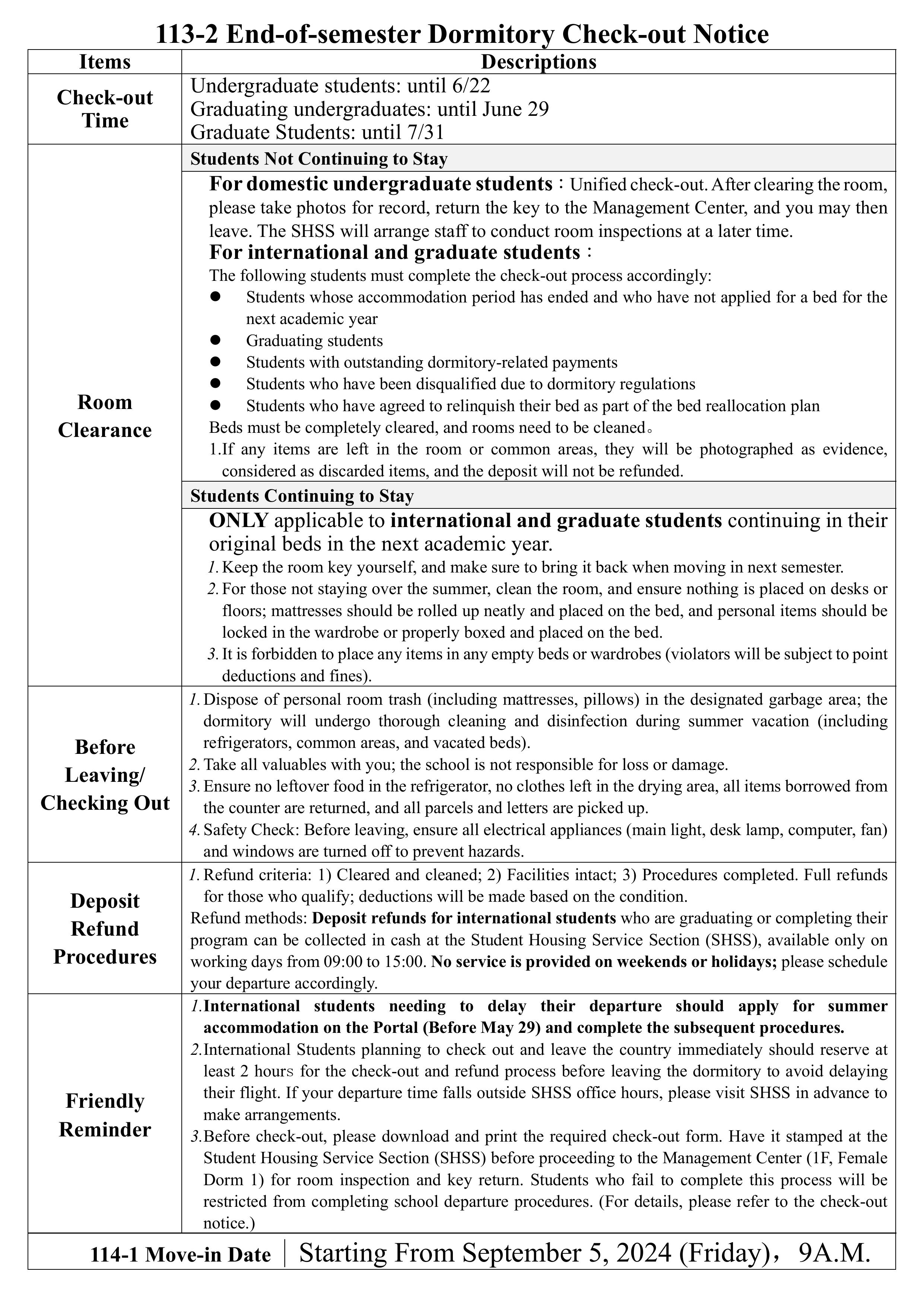 【SHSS Announcement】Reminder｜113-2 End-of-Semester Dormitory Check-out ...